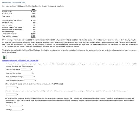 Solved Excel Activity Calculating The Wacc Here Is The