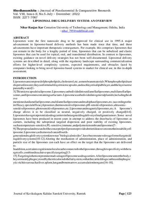 Pdf Liposomal Drug Delivery System An Overview