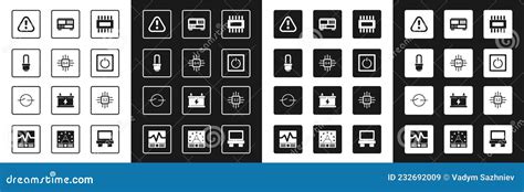Set Processor With Microcircuits Cpu Led Light Bulb Exclamation Mark In Triangle Electric