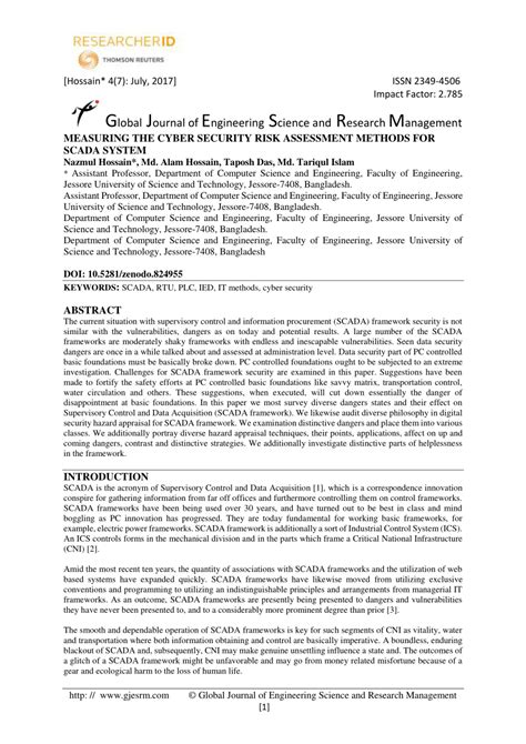 pdf measuring the cyber security risk assessment methods for scada system