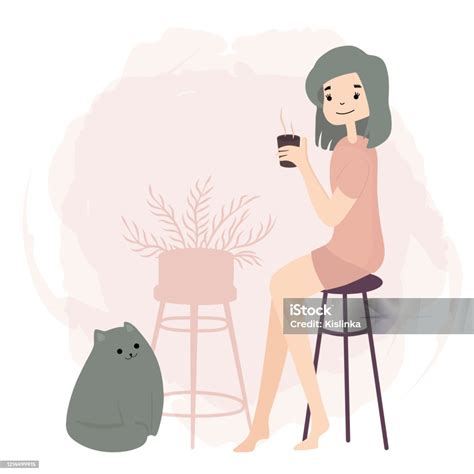 소녀는 천천히 커피를 마십니다 아침 분위기 매일 일상 활동 고양이와 함께하는 삶 벡터 플랫 마실 것에 대한 스톡 벡터 아트 및 기타 이미지 Istock