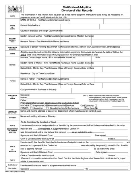 Form Dhec 0671 Certificate Of Adoption Division Of Vital Records