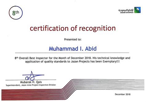 muhammad ilyas abid on linkedin certificate of recognition from my saudi aramco jazan area