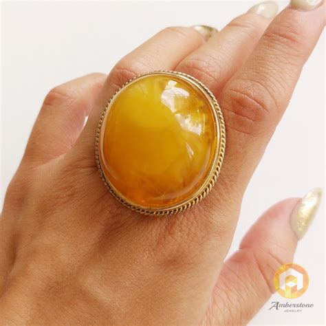Natural Butterscotch Baltic Amber Ring And 925 Gold Plated Silver Big