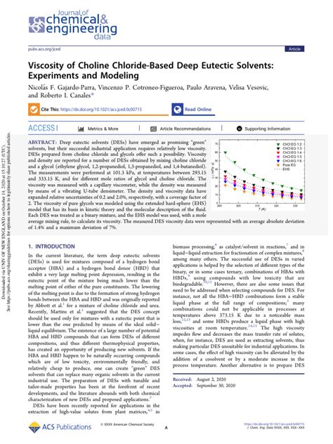 Viscosity Of Choline Chloride Based Deep Eutectic Solvents Pdf