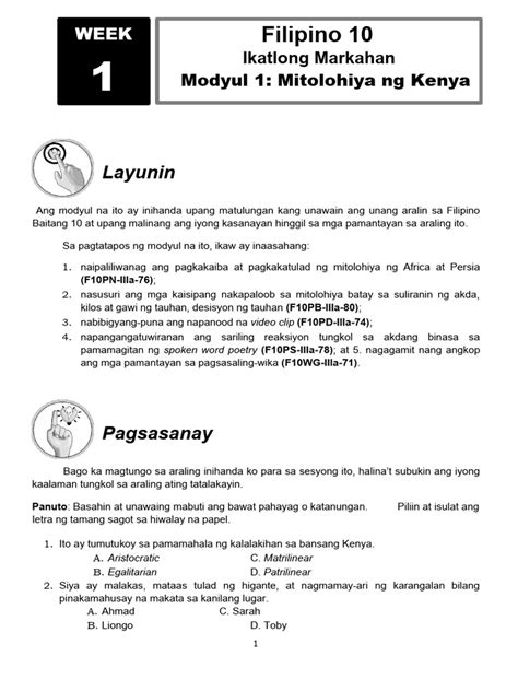 Filipino 10 Slms 3rd Quarter Module 1 Pdf
