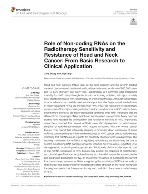Pdf Role Of Non Coding Rnas On The Radiotherapy Sensitivity And