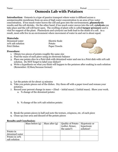 Osmosis And Diffusion Lab Using Potato Cores Lab Osmosis