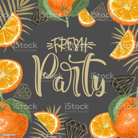 신선한 오렌지 열대 잎 꽃 슬라이스와 기하학엽 손 서예 신선한 파티 라벨 배너 광고 요소 벡터 그림입니다 직물 종이 엽서 초대장 인쇄 0명에 대한 스톡 벡터 아트 및 기타