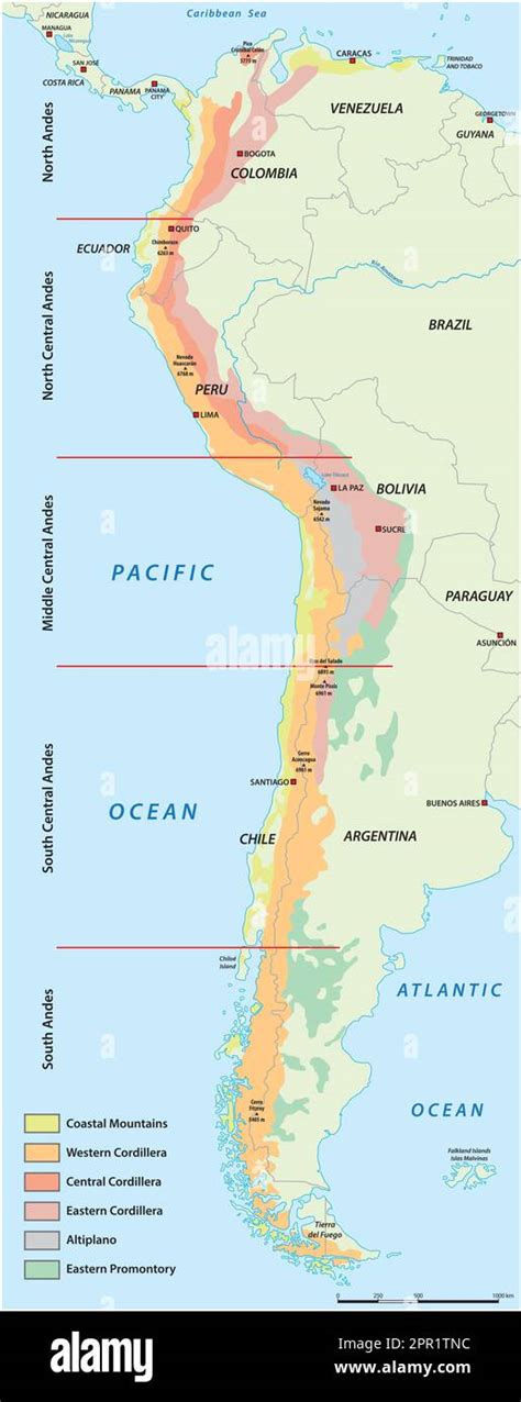 Map Of The Divisions Of The South American Mountains Andes Stock Vector