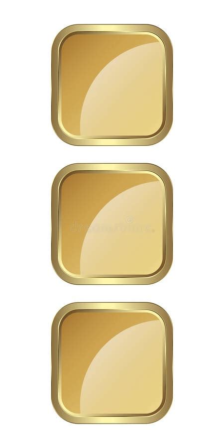Set Of Three Gold Rectangle Buttons Isolated On White Background And Three Luxury Gold Icon