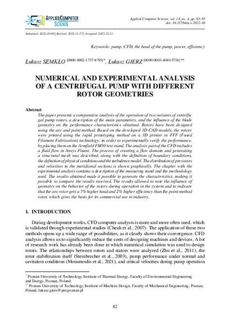 Pdf Numerical And Experimental Analysis Of A Centrifugal Pump With Different Rotor Geometries