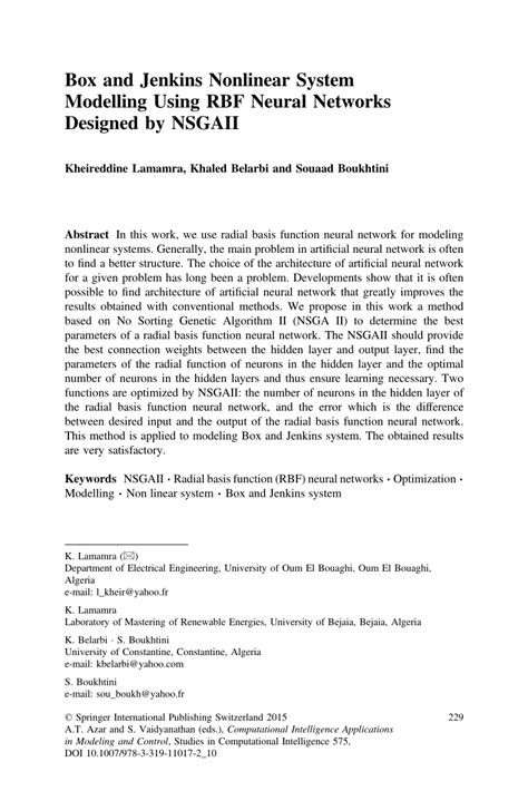 Pdf Box And Jenkins Nonlinear System Modelling Using Rbf Neural Networks Designed By Nsgaii