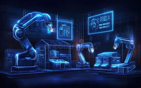 Futuristic Digital Workshop Showcasing Robotic Arms And Advanced Technology In A Design