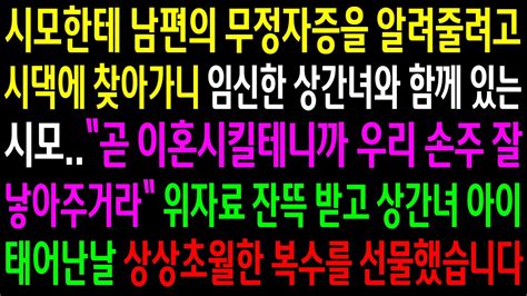 반전사연시모한테 남편의 무정자증을 알려줄려고 시댁에 찾아가니 임신한 상간녀와 함께 있는 시모상간녀 아이 태어난날 상상초월한 한방을 신청사연 사이다썰 사연라디오
