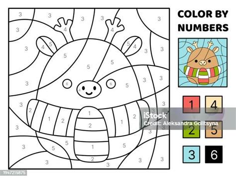 스카프를 두르고 있는 사슴 숫자로 색칠하기 스퀴시멜로 색칠 공부 페이지 아이들을 위한 게임 카와이 만화 벡터 벡터에 대한 스톡