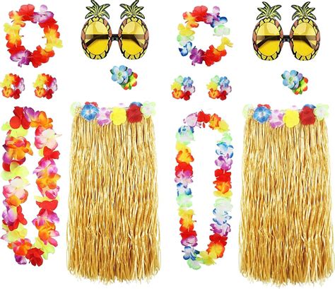14 Pack Hula Skirt Costume Kit For Hawaii Luau Party 2 Person Set