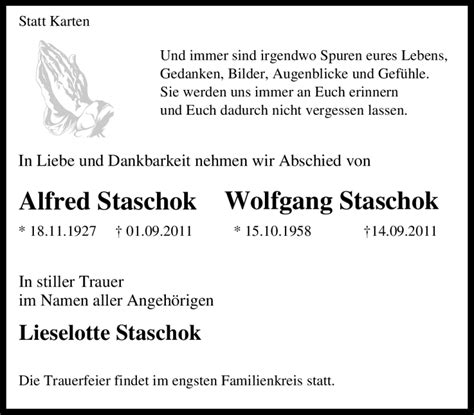Traueranzeigen Von Alfred Staschok Trauer In Nrw De