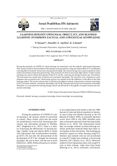 Pdf Learning Biology Using Real Object Ict And Blended Learning To
