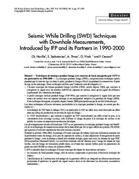 Pdf Seismic While Drilling Swd Techniques With Downhole Measurements Introduced By Ifp And