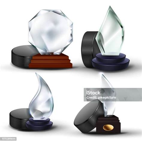 아이스 하키 게임 상 세트 벡터입니다 아이스 하키 퍽 유리 트로피 현대 아이스 하키 토너먼트 스포츠 프로모션을 위한 디자인