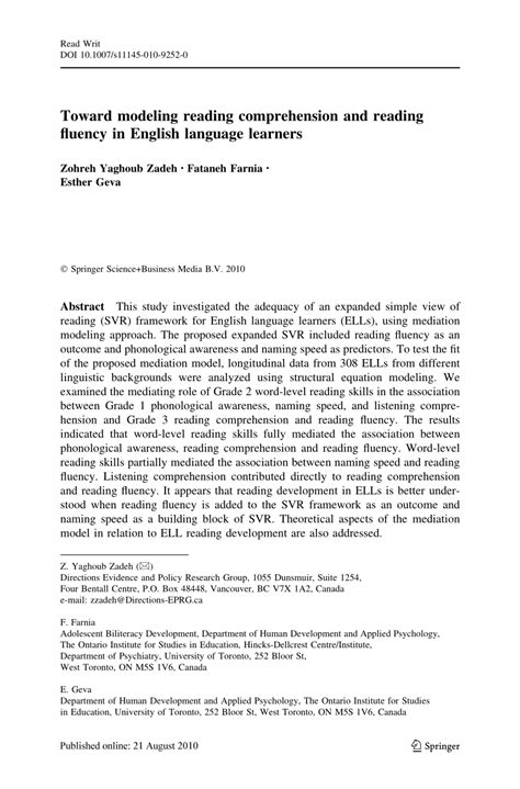 Pdf Toward Modeling Reading Comprehension And Reading Fluency In