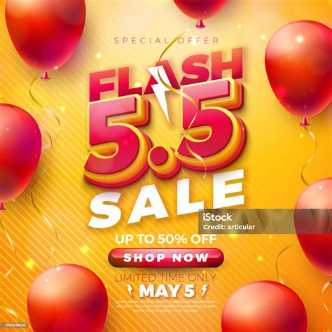 노란 배경에 3d 55 숫자 및 당 풍선을 가진 선전용 사업 섬광 판매 디자인 벡터 5 월 5 쿠폰 바우처 배너 전단지 프로모션 포스터 초대장 또는 인사말 카드를위한 특별
