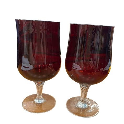 Pair Of Ruby Glass Wine Glasses With Barley Twist Stems
