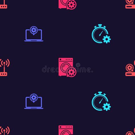 Set Time Management Setting Laptop Washer And Router And Wi Fi On Seamless Pattern Vector