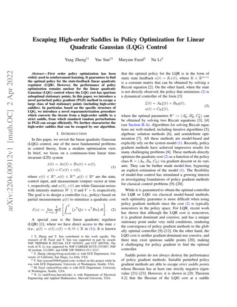 Pdf Escaping High Order Saddles In Policy Optimization For Linear Quadratic Gaussian Lqg Control