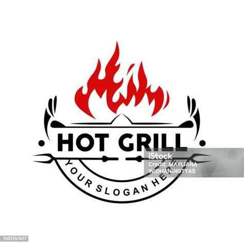 바베큐 로고 불과 주걱이 있는 핫 그릴 디자인 벡터 바베큐 그릴 빈티지 삼부작 카페 레스토랑 바를 위한 레트로 소박한 로고