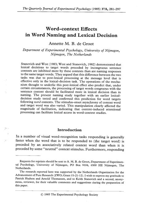 Pdf Word Context Effects In Word Naming And Lexical Decision