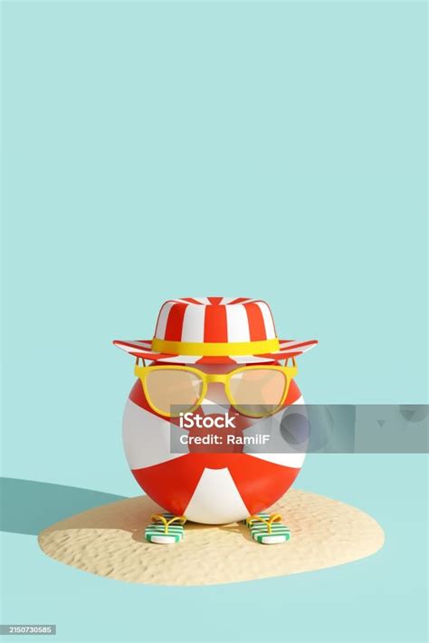 모래 섬에 선글라스와 비치 모자를 쓴 풍선 비치 볼의 만화 캐릭터 엽서 전단지 포스터에 대 한 창조적 인 여름 배경입니다 복사 공간 렌더링이 있는 3d 그림 3차원 형태에