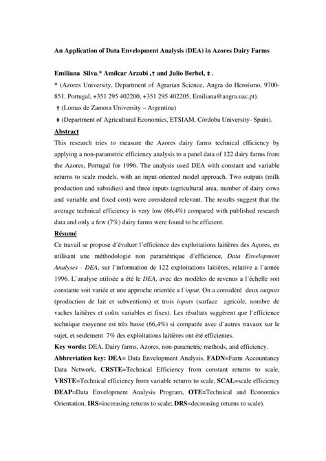 Pdf An Application Of Data Envelopment Analysis Dea In Azores Dairy Farms