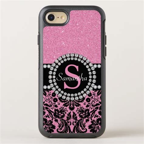 Girly Hot Pink Glitter Damask Otterbox Iphone Case