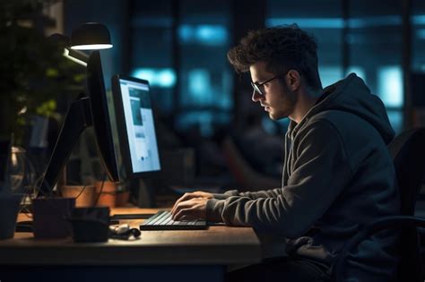 Premium Ai Image Programmer Working On Laptop In Office Coding And