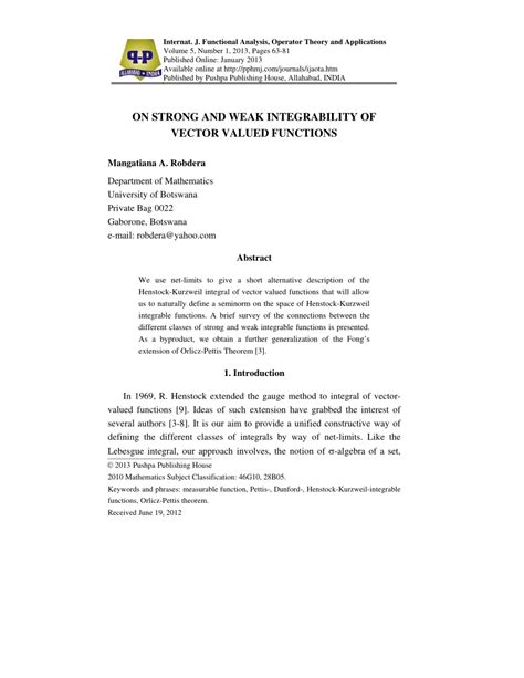 Pdf On Strong And Weak Integrability Of Vector Valued Functions