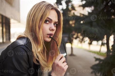 Happy Blonde Woman In Leather Jacket Trendy Glasses Nature Park Street