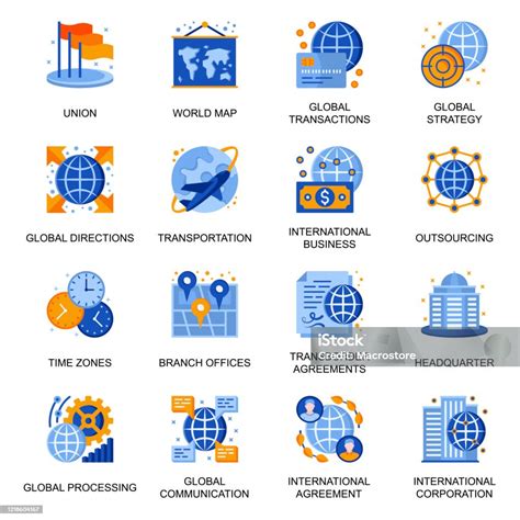 플랫 스타일로 설정된 글로벌 비즈니스 아이콘입니다 국경 횡단 협정 세계 교통 및 통신 시간대 아웃소싱 회사 표지판 아이콘에 대한 스톡 벡터 아트 및 기타 이미지 Istock