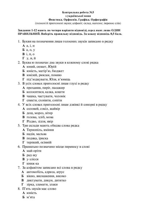 Діагностувальна робота №3 з української мови для учнів 5 класу НУШ Фонетика Тест Українська