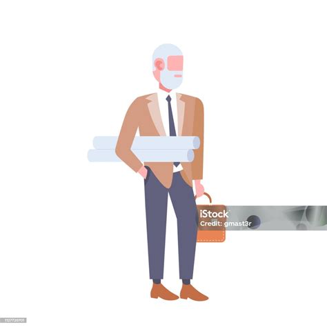 수석 건축가 작성기 청사진 및 서류 가방을 들고 수염 사업가 엔지니어 건설 노동자 남성 만화 캐릭터 전체 길이 플랫 절연 엔지니어에 대한 스톡 벡터 아트 및 기타 이미지