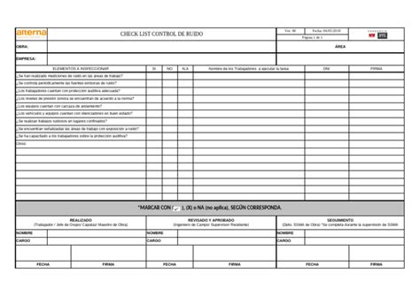 Checklist De Control De Ruido Laboral Pdf