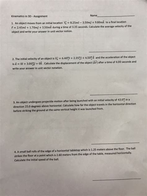 Solved Kinematics In 3d Assignment Name 1 An Object Moves