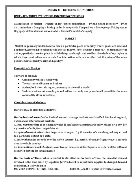 Business Economics Unit 4 Pdf Monopoly Profit Economics