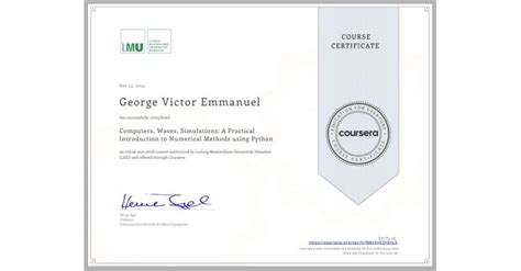 Completion Certificate For Computers Waves Simulations A Practical George Victor Emmanuel