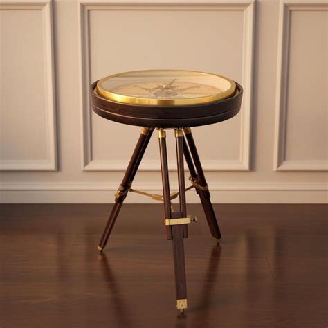 Vintage Nautical Compass Side Table Handmade Wooden Tripod Table