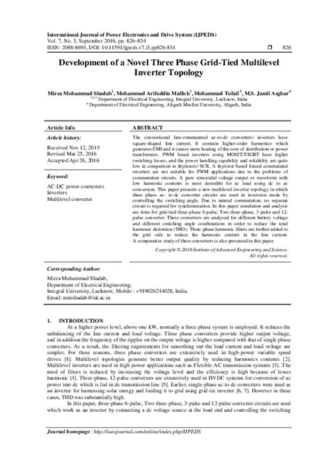 Pdf Development Of A Novel Three Phase Grid Tied Multilevel Inverter Topology Mohammad