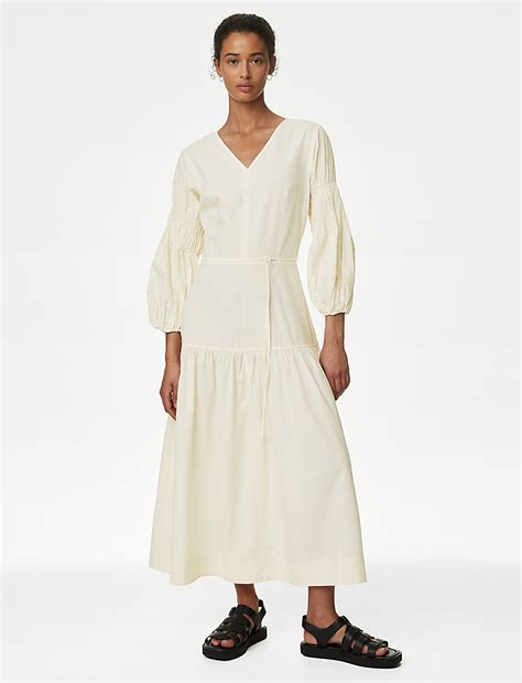 Buy Cotton Blend V Neck Midi Tiered Dress At Marks And Spencer