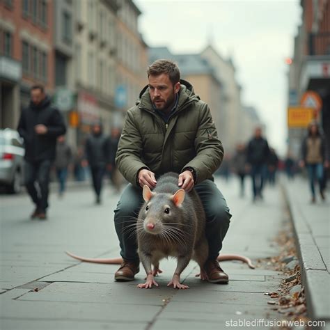 He Rides A Giant Size Rat On A Giant Size Sidewalk With Giant Size