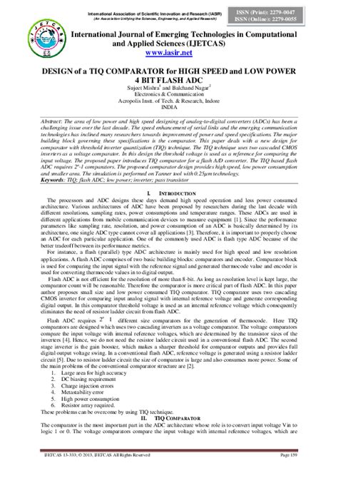 Pdf Design Of A Tiq Comparator For High Speed And Low Power 4 Bit Flash Adc